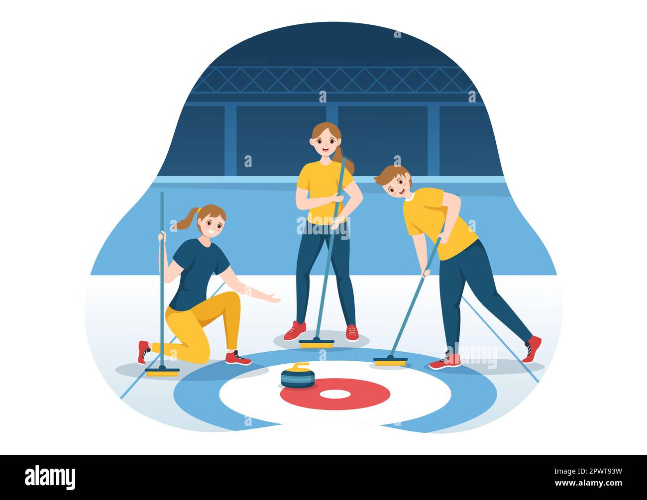 Curling Sport Illustration with Team Playing Game of Rocks and Broom in ...