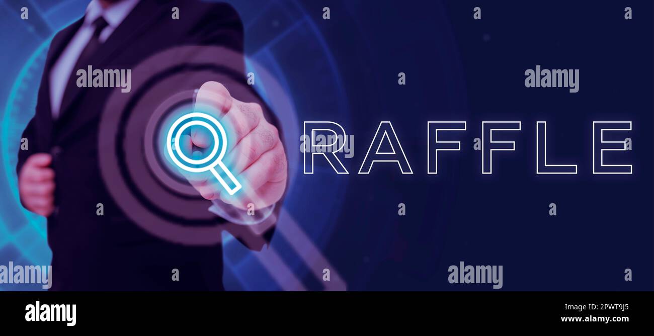 Hand writing sign Raffle, Word Written on means of raising money by ...