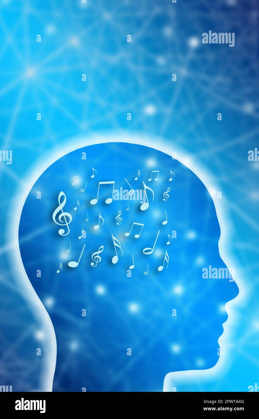 human head shape and music notes inside the brain, musician mind ...