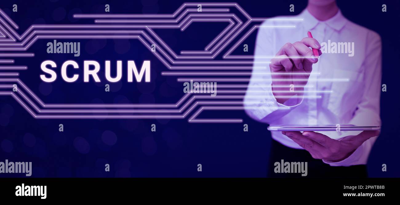 Text caption presenting Scrum, Business approach handwriting as distinct from print written ...