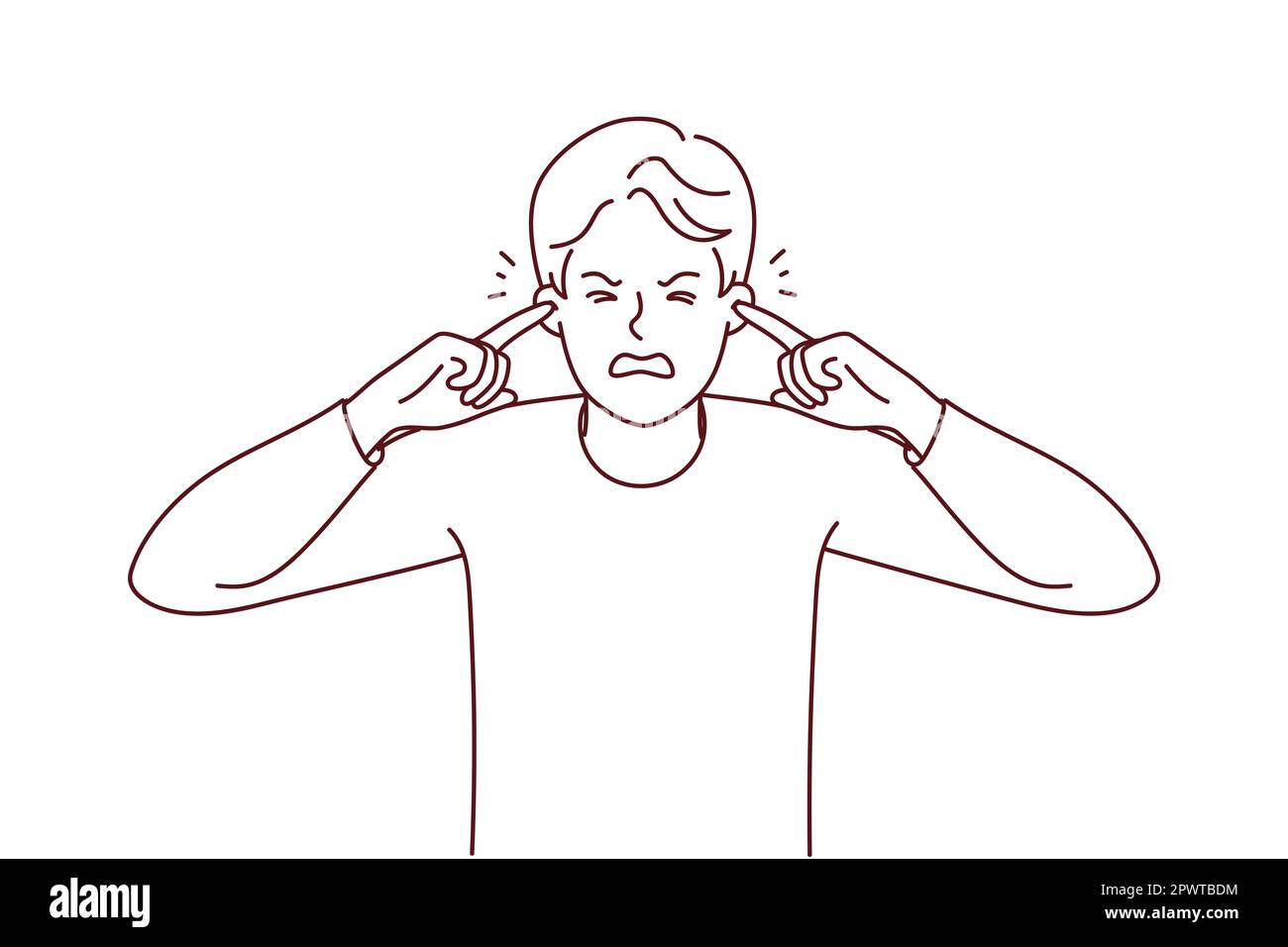 Unhappy young man cover ears suffer from unbearable noise. Upset ...