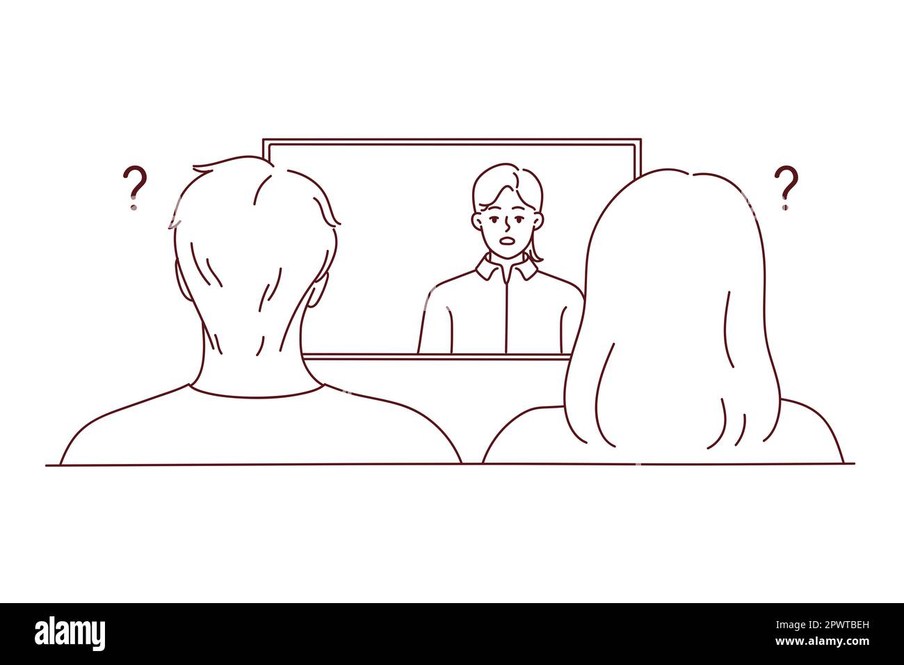 Confused couple sit on sofa frustrated with news on TV. Distressed man ...