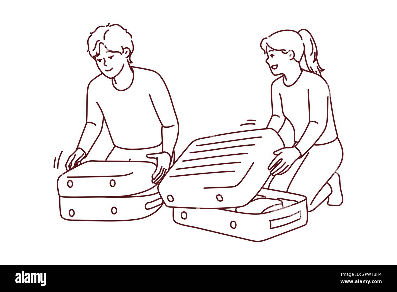 Happy couple packing suitcase getting ready for vacation. Smiling man ...