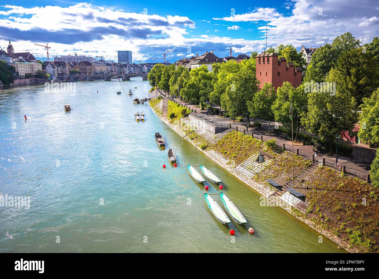 Rhine river in Basel view from the bridge, northwestern Switzerland ...