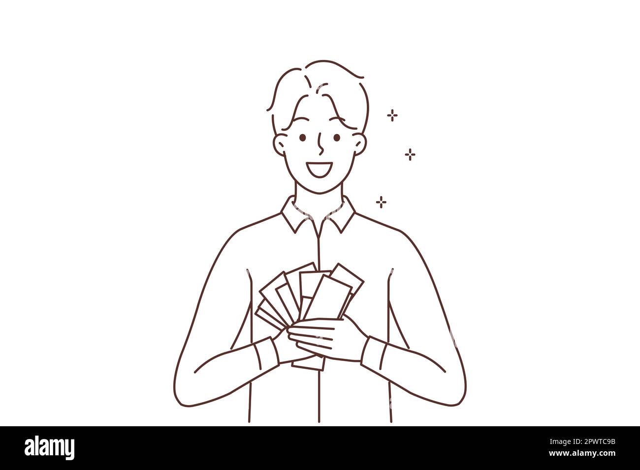 Smiling rich man stand holding pile of dollar banknotes get percentage ...