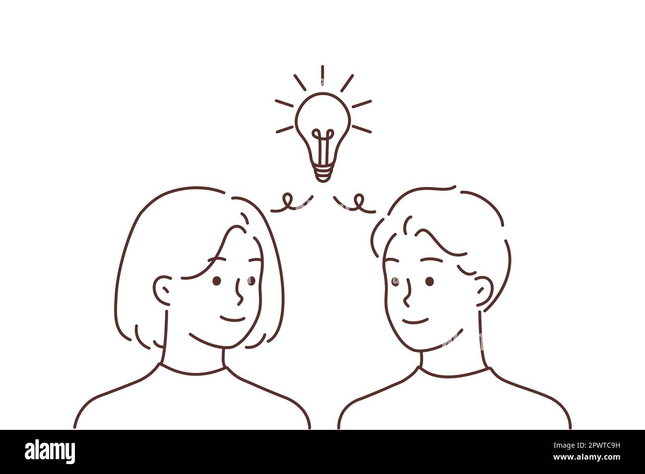 Man and woman with lightbulb above head generate business idea together ...