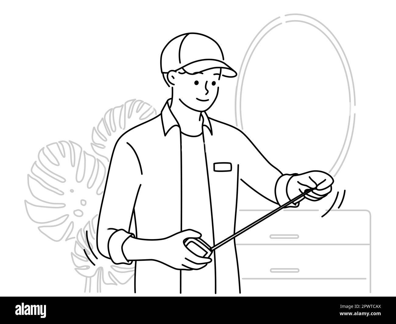 Male mechanic with measuring tape working in room in house. Smiling ...