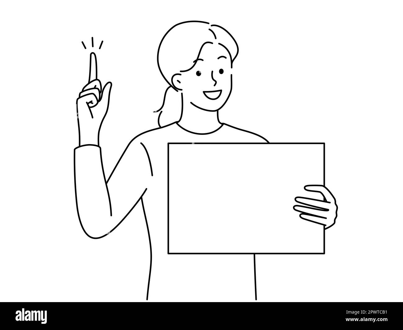 Smiling young woman hold blank poster card point up with finger. Happy ...