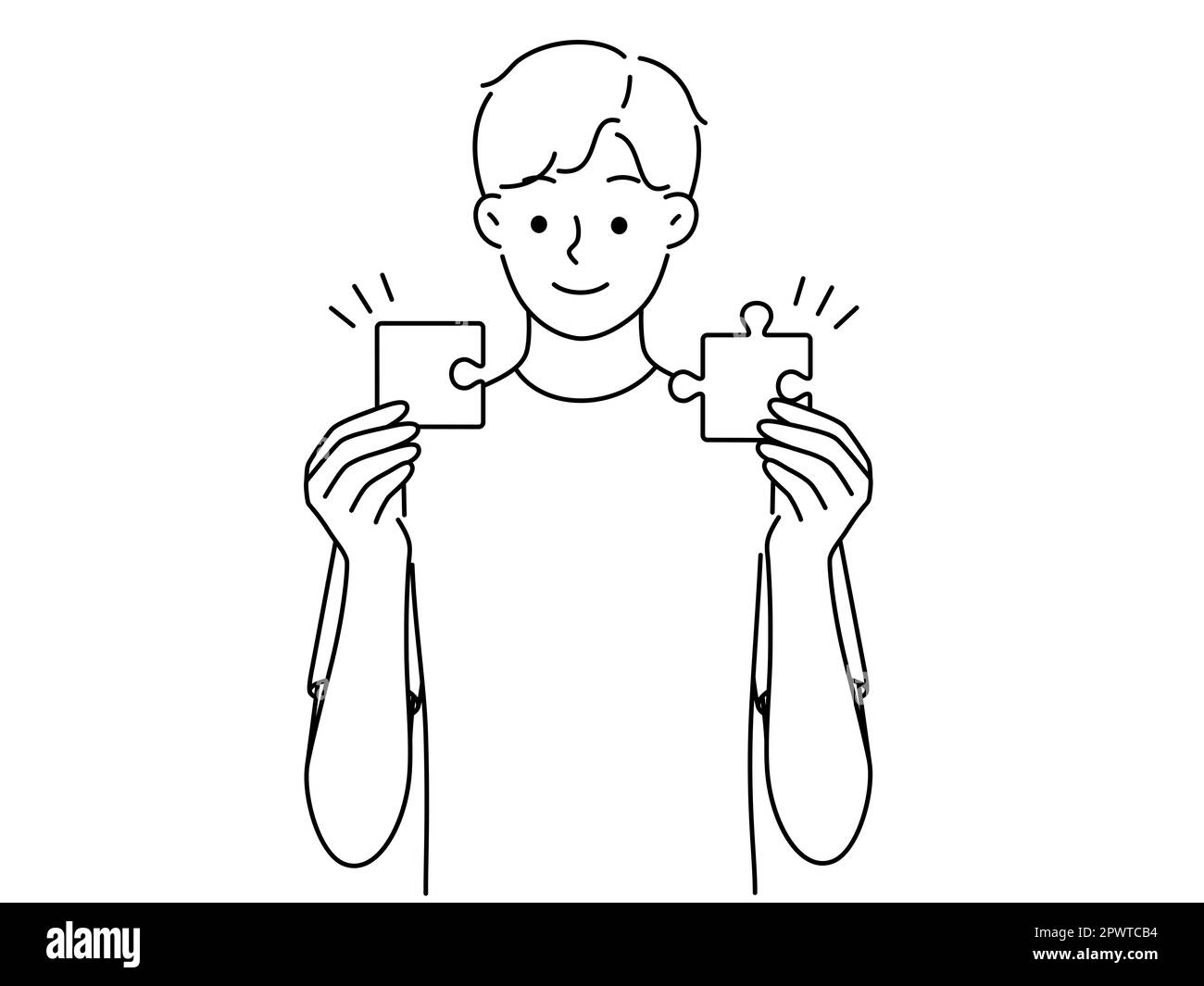 Smiling young man connect jigsaw puzzles find problem solution. Happy ...