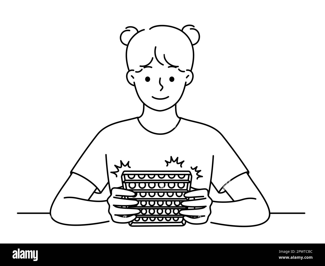 Smiling girl playing pop it game. Happy child have fun with colorful ...