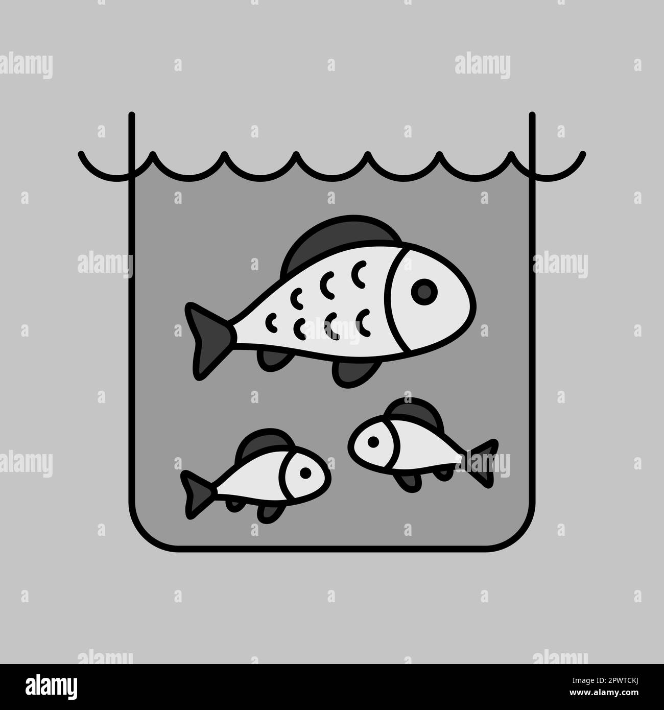 Fish in a pond or aquarium isolated grayscale icon. Farm animal sign ...