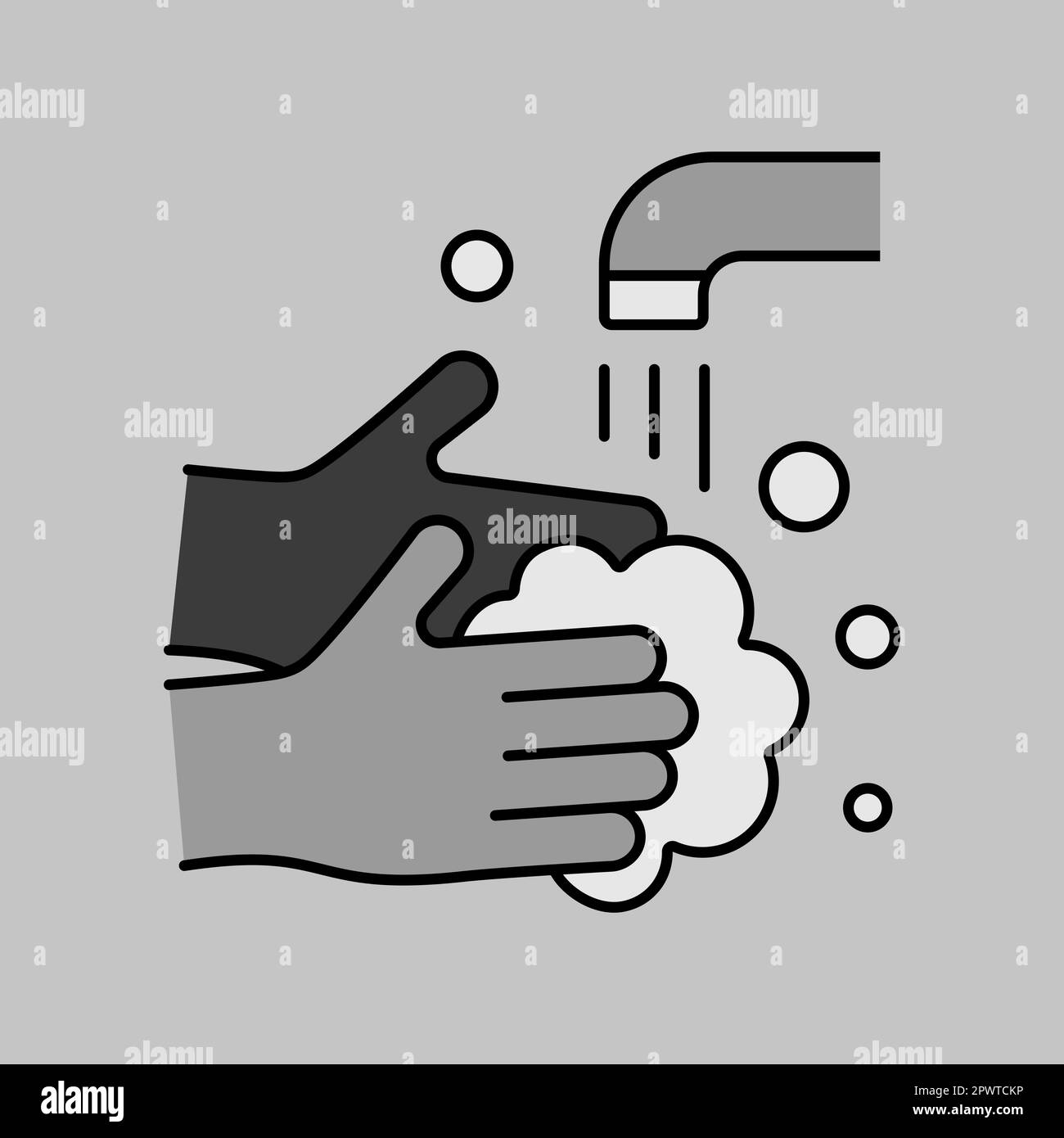 Washing hands with soap to prevent virus and bacteria vector grayscale ...