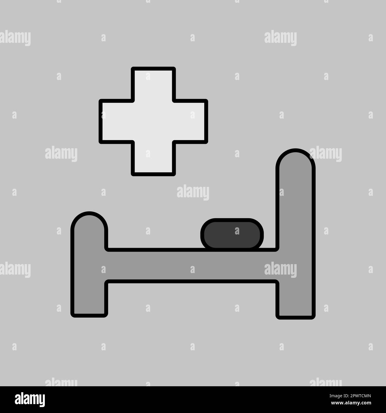 Hospital bed and cross vector grayscale icon. Medicine and healthcare ...