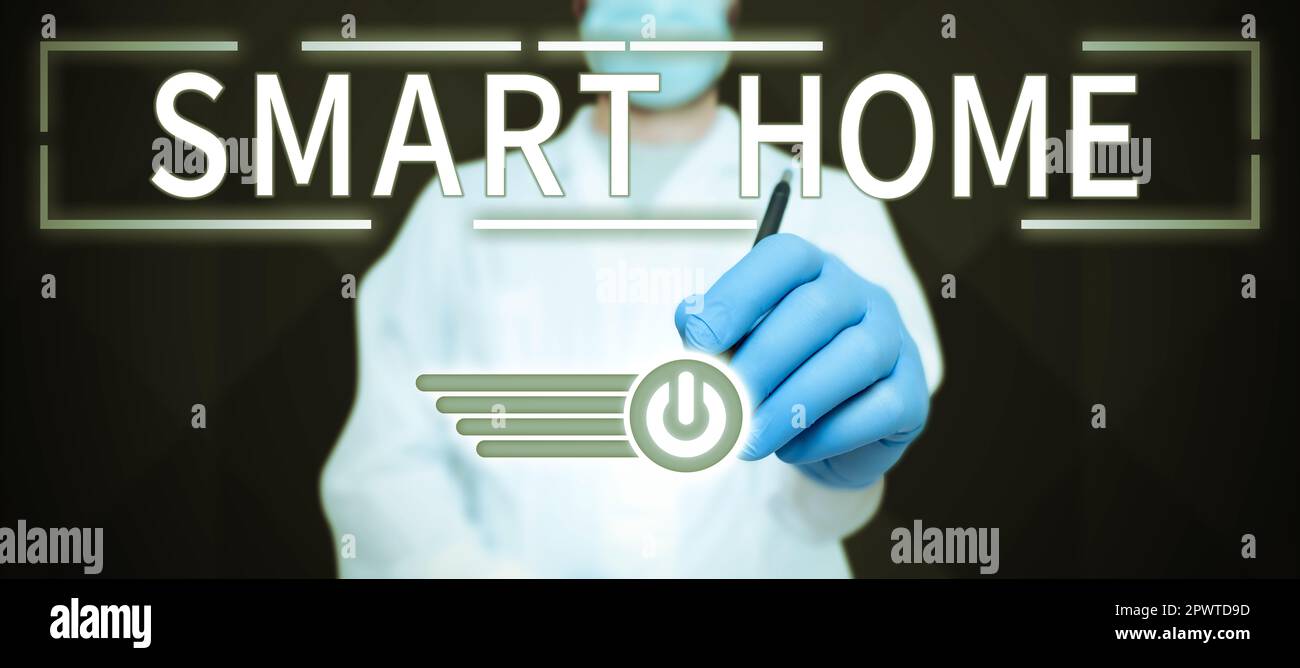 Text caption presenting Smart Home, Conceptual photo automation system ...