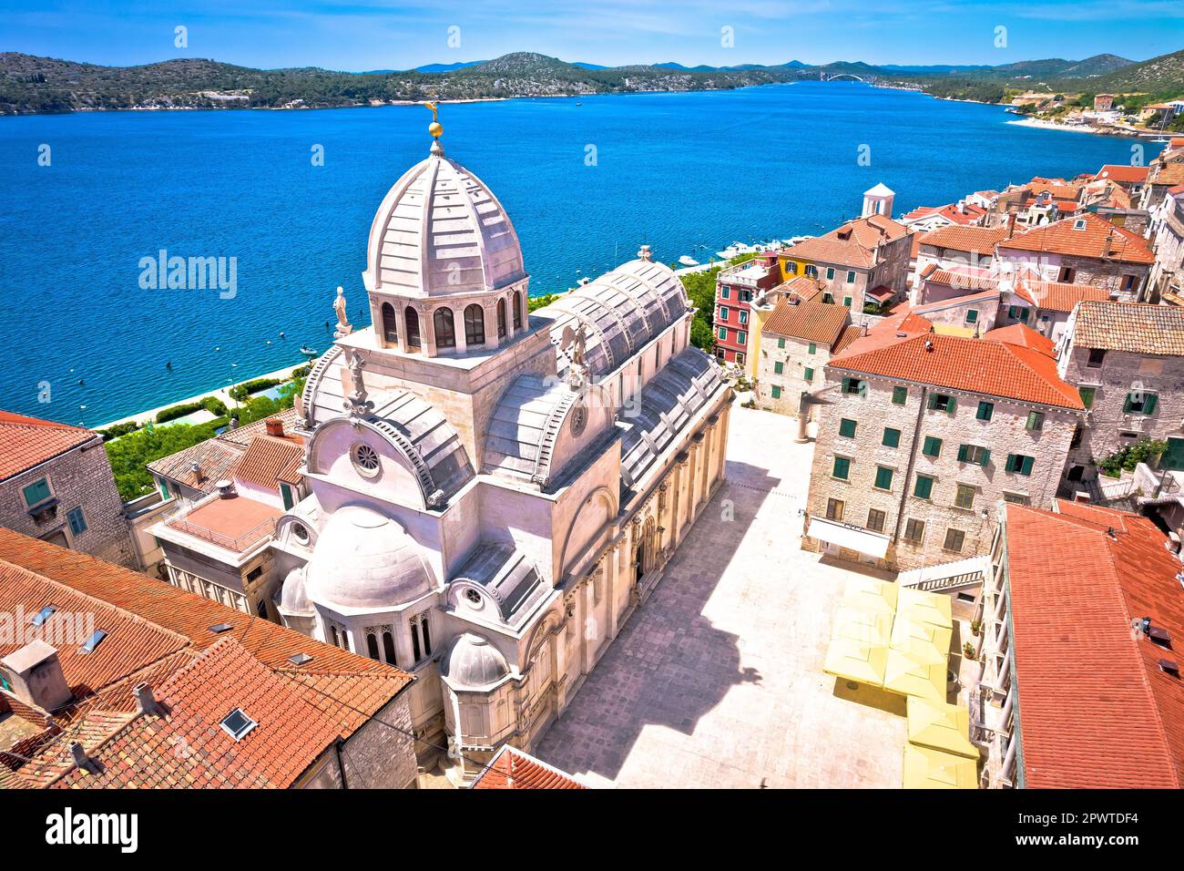 Sibenik saint James cathedral and waterfront aerial view, UNESCO world ...