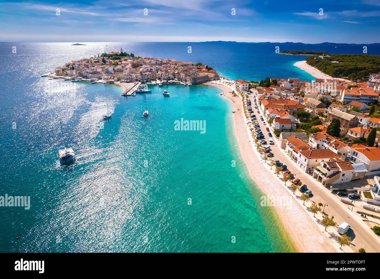 Scenic town and beaches of Primosten aerial view, turquoise archipelago ...