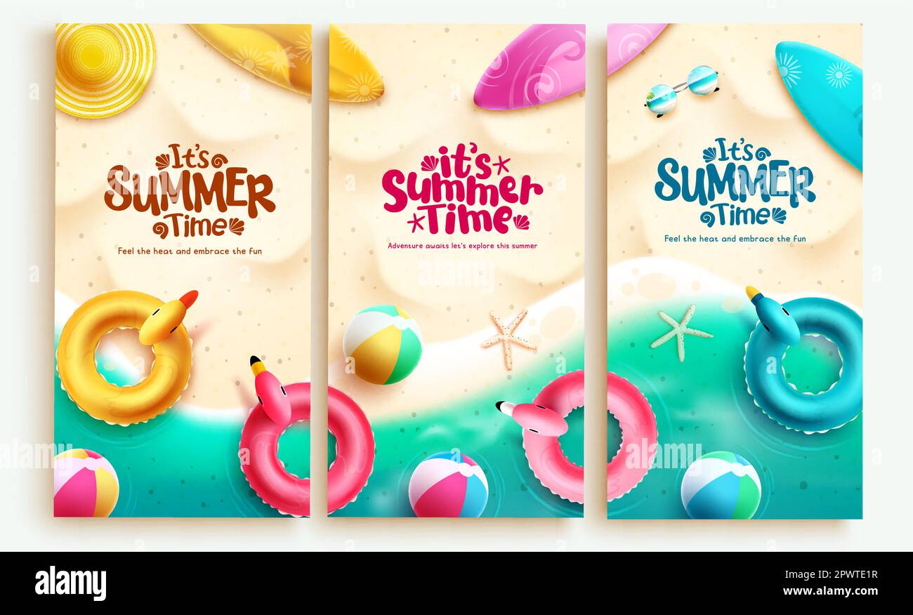 Summer time poster set vector design. It's summer time text in tropical ...