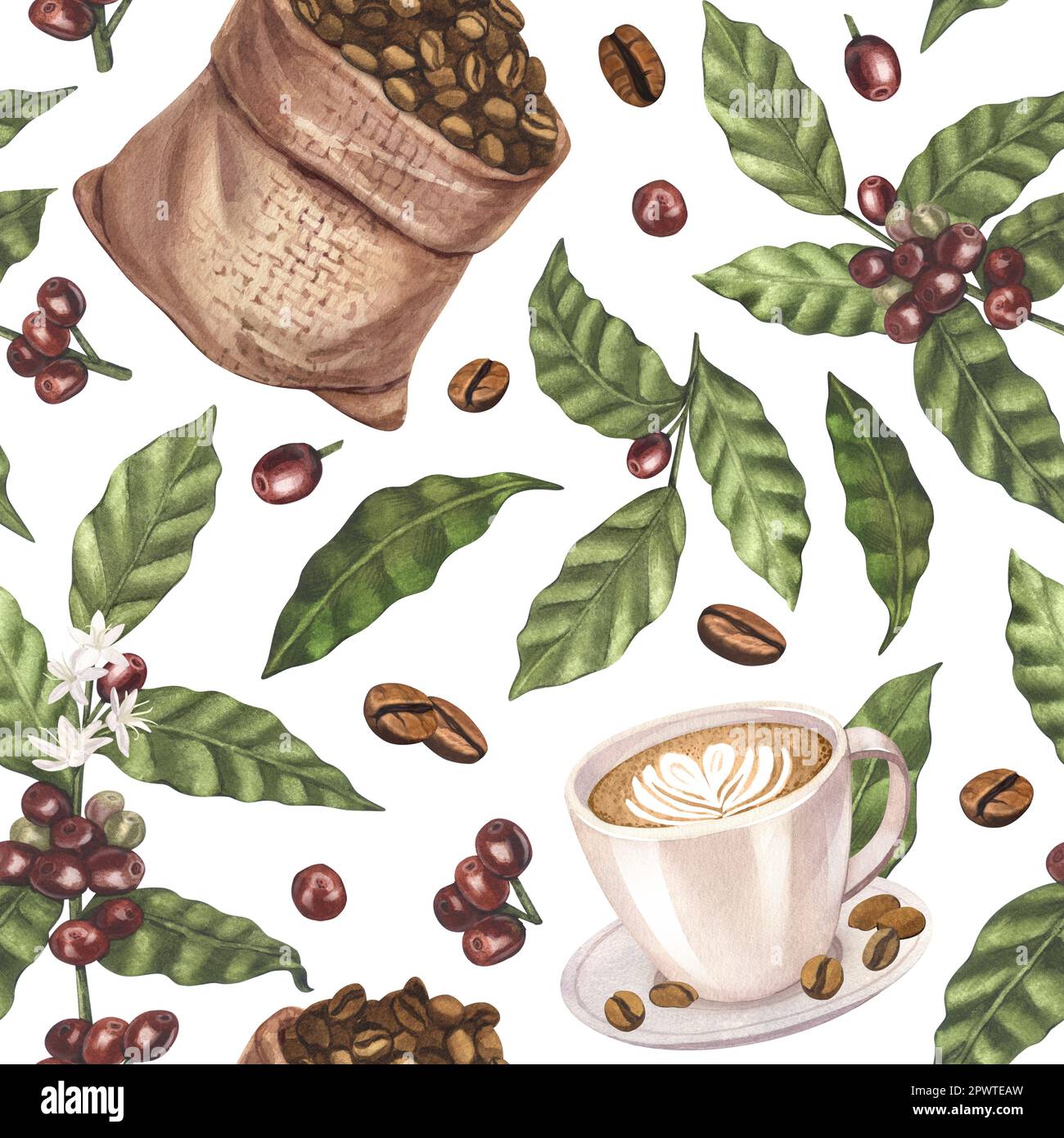 Watercolor seamless pattern coffee beans in jute burlap sack and cup latte of coffee. Hand-drawn ...