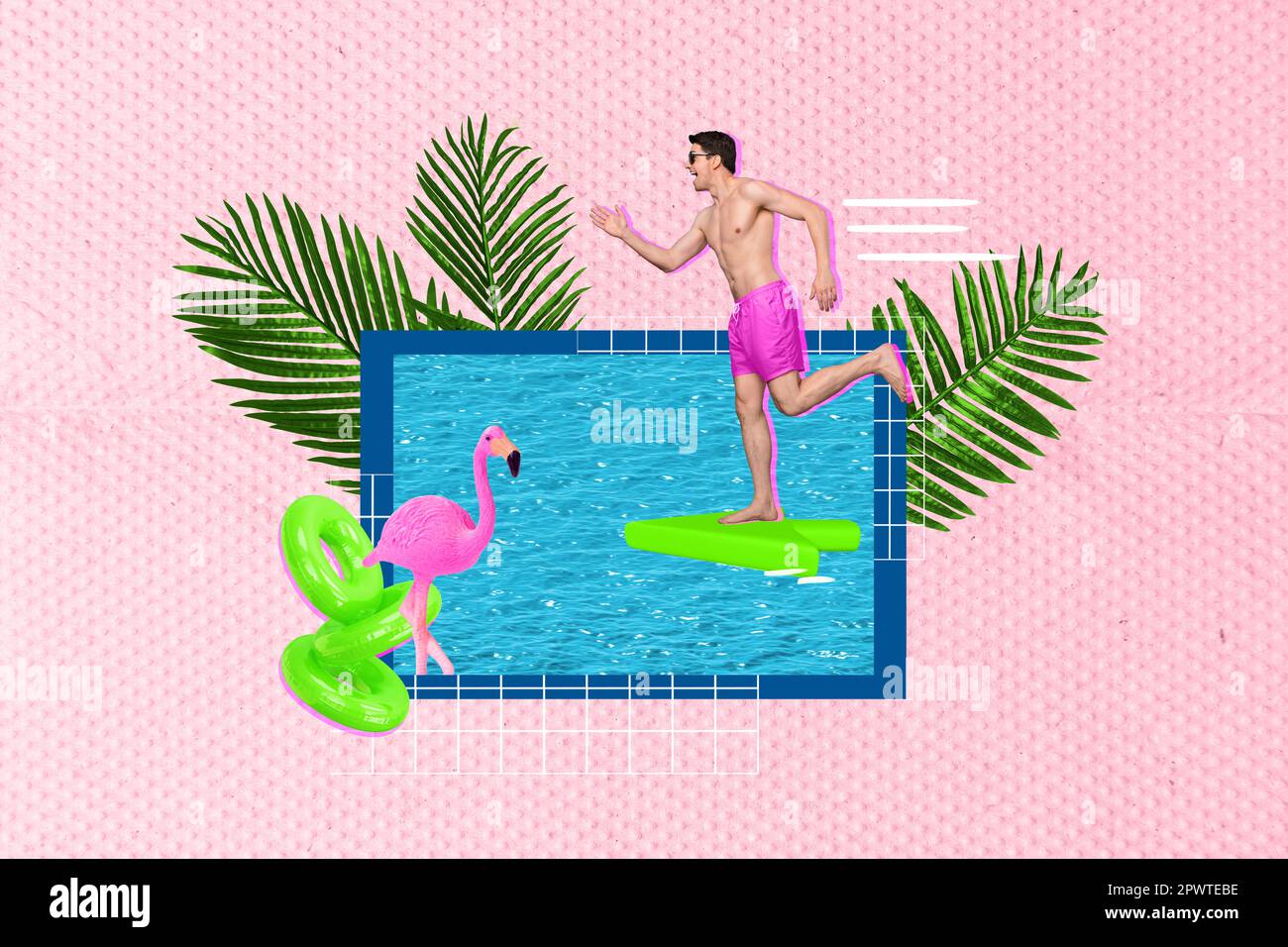 Magazine picture sketch collage image of funky guy floating swimming ...