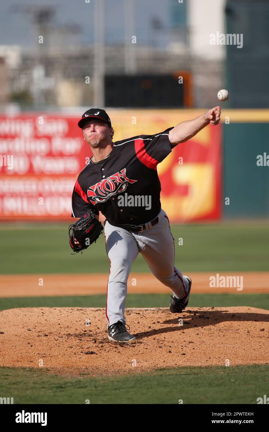 Starting pitcher Austin Krob (20) of the Lake Elsinore Storm pitches ...