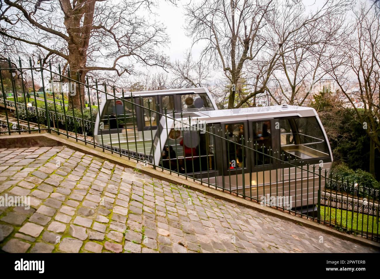 Funicular tram line climbing to Sacre-Coeur Basilica at Montmartre ...