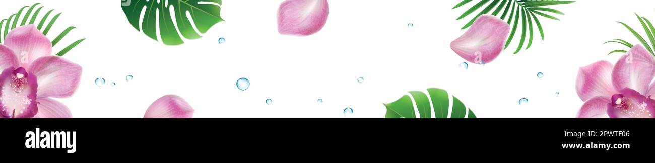 horizontal banner with a purple orchid and branches of tropical plants ...