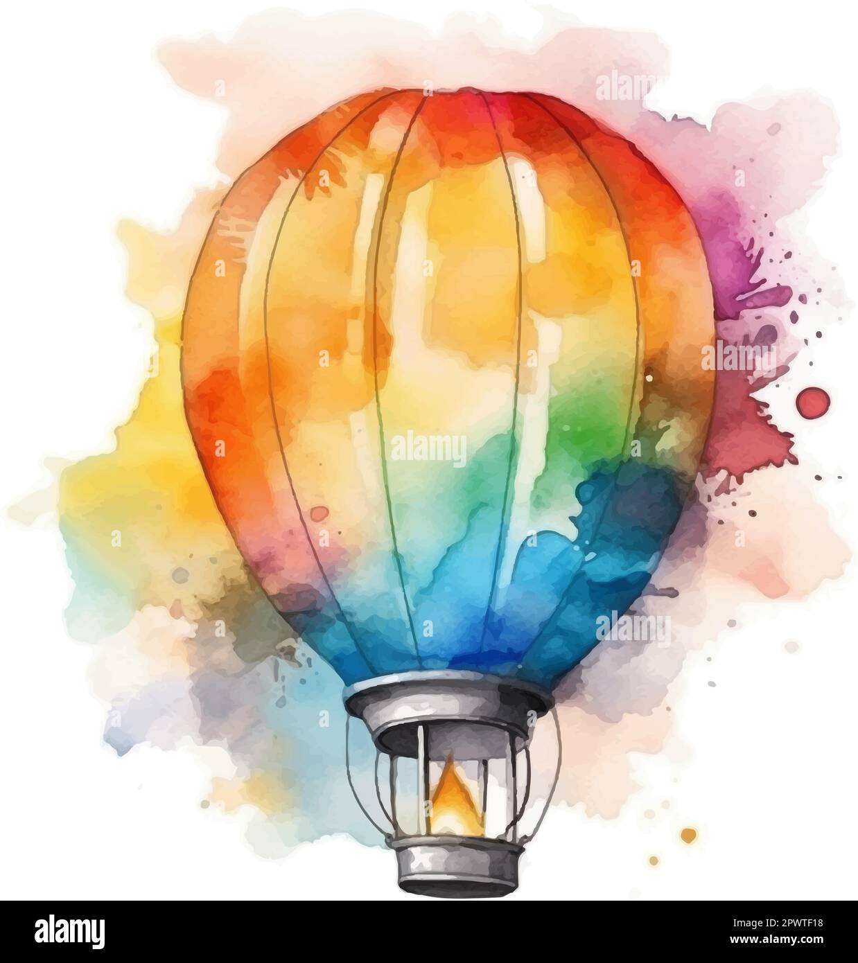 Isolated air balloon or gondola with fire watercolor style. Hand drawn ...