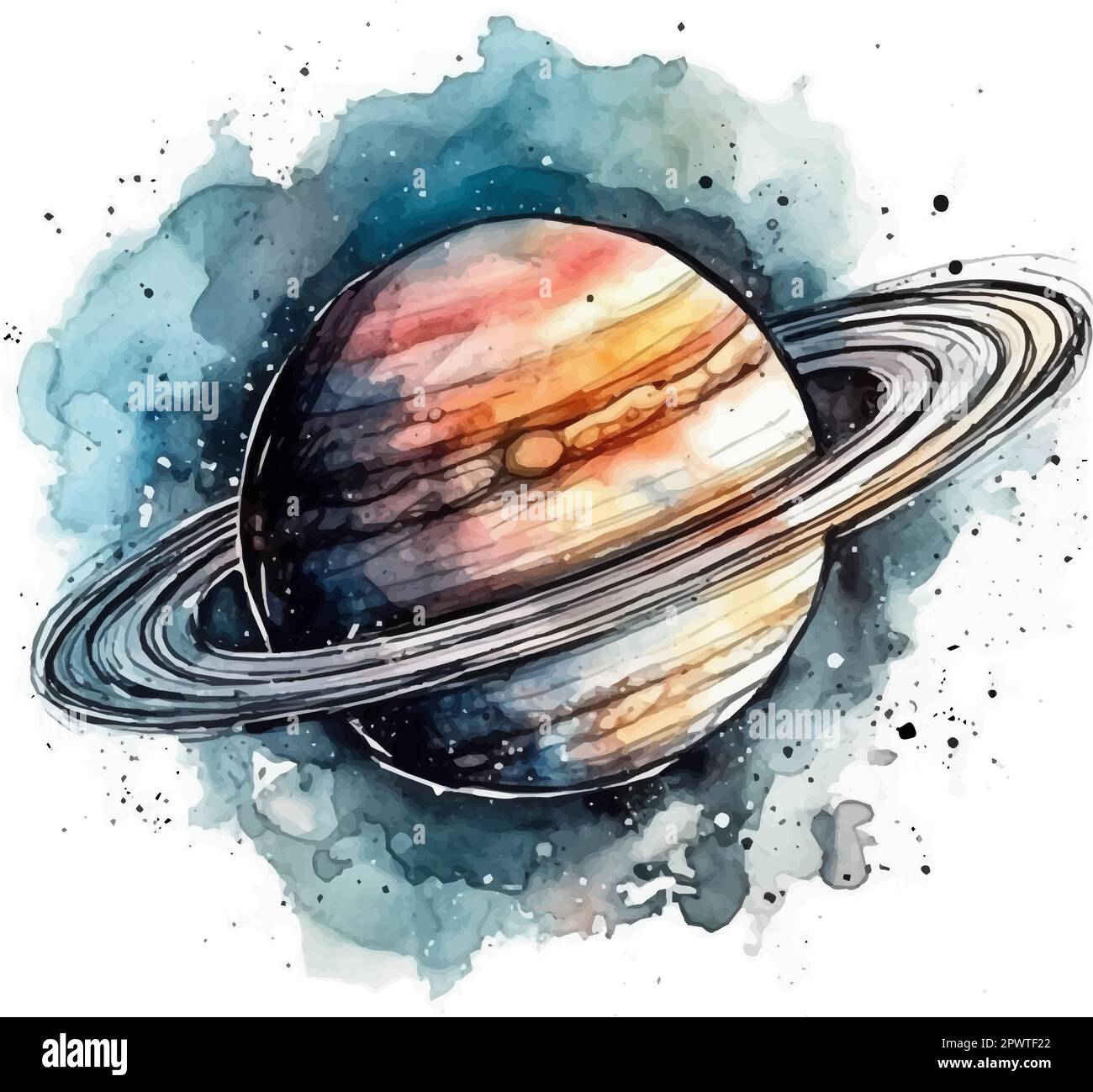 Watercolor illustration of Saturn planet of solar system. Hand drawn ...