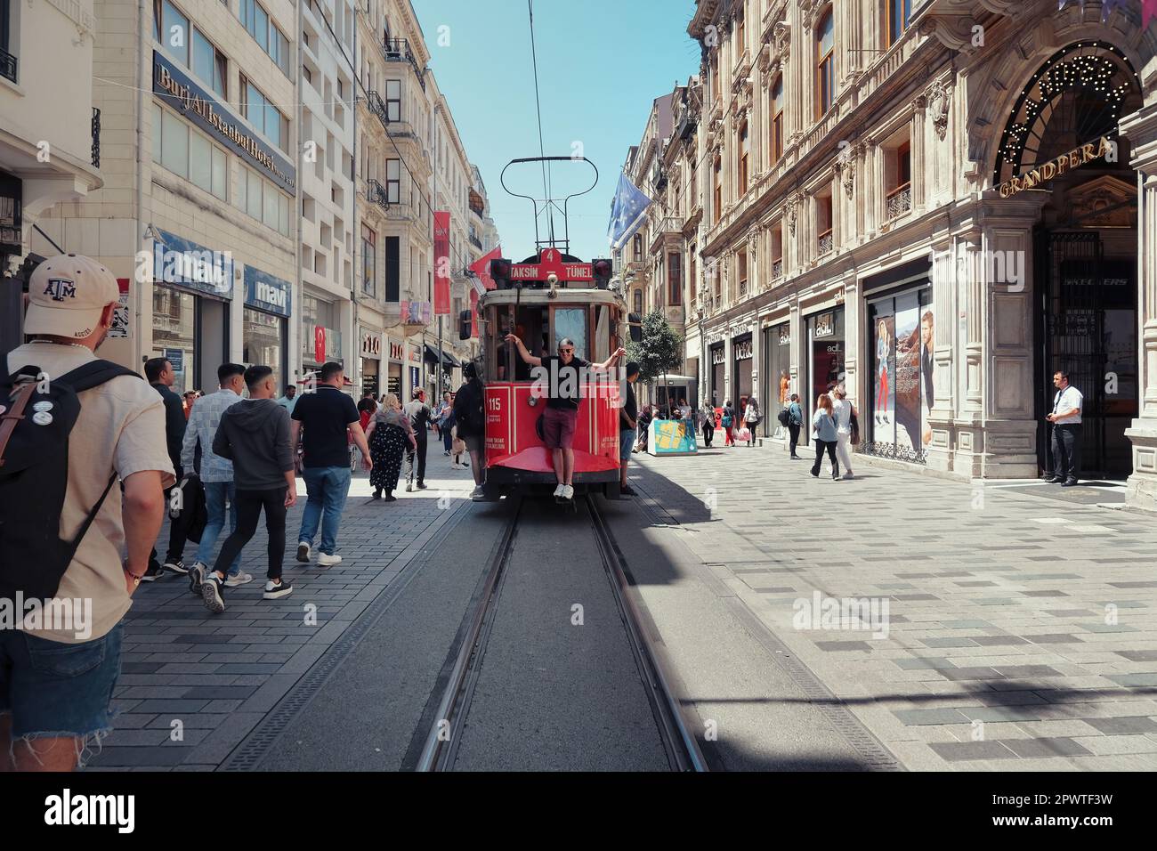 Istanbul, Turkey - May, 2022. Istiklal Street and red tram, the most ...