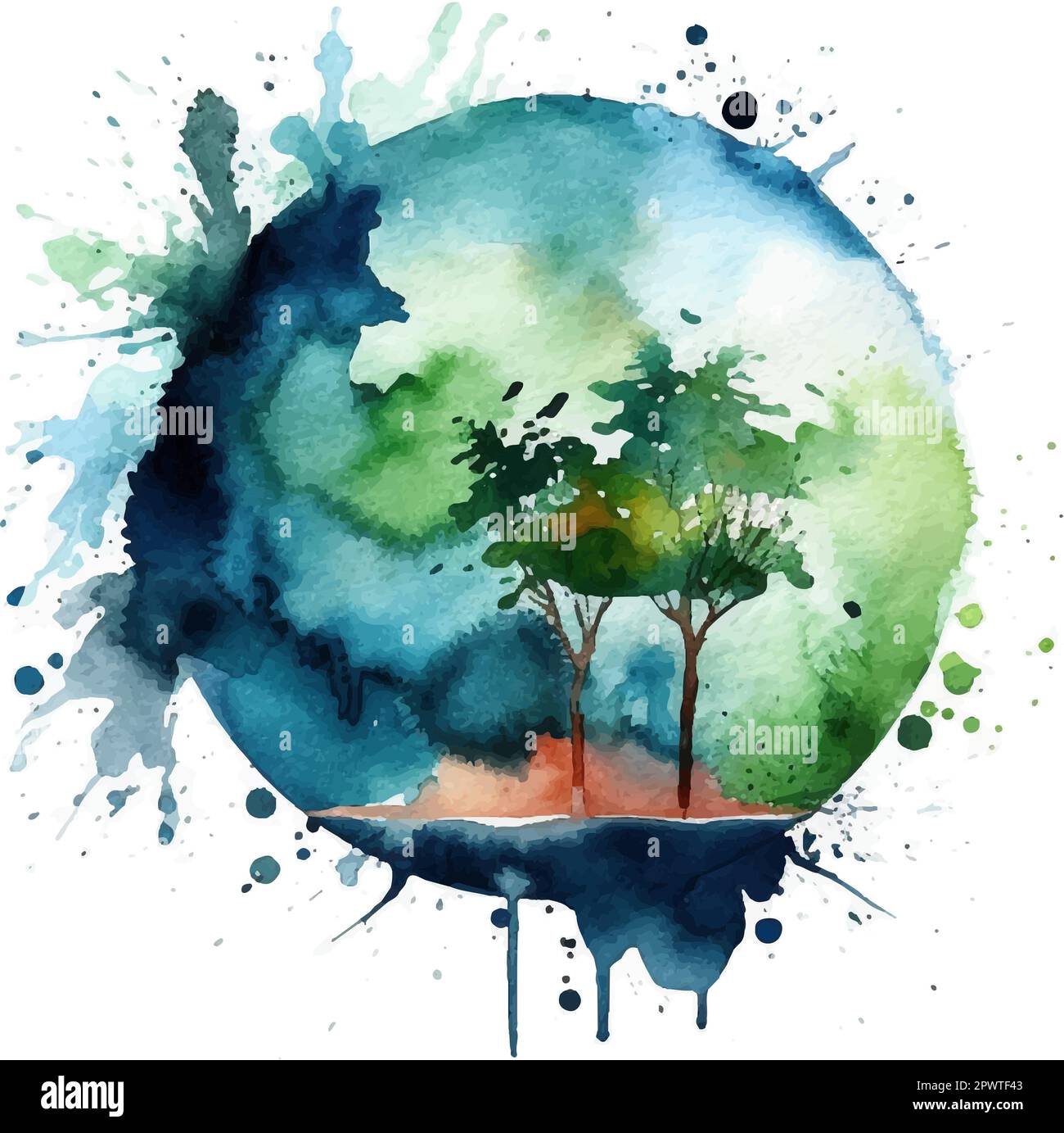 Eco symbol. Earth globe with nature and trees inside. Hand painted ...