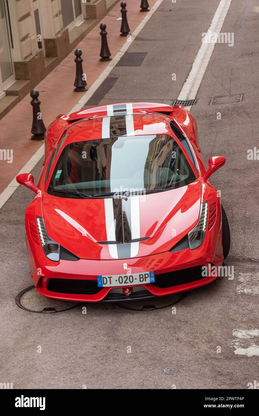 Monte-Carlo, Monaco, April 20th 2023:- A Ferrari driving on the streets ...