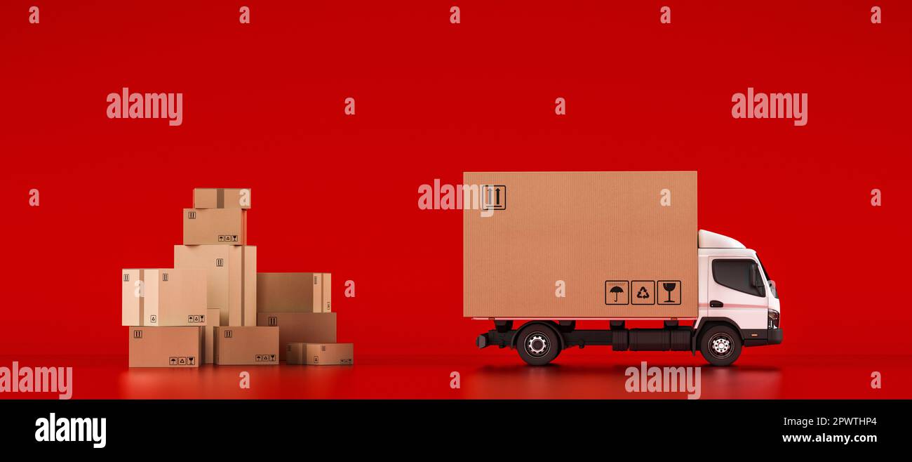 Delivery of a large box on a red background with a cabin truck Stock ...