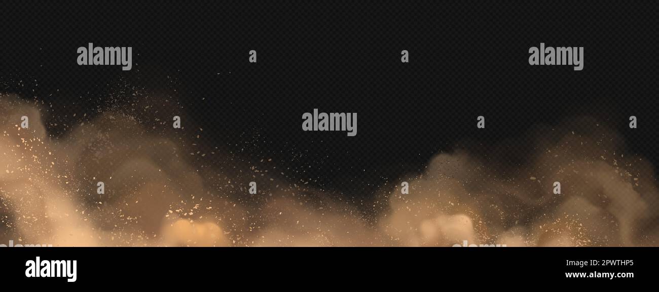 Realistic cloud of brown dust on transparent background. Vector illustration of sand storm in ...