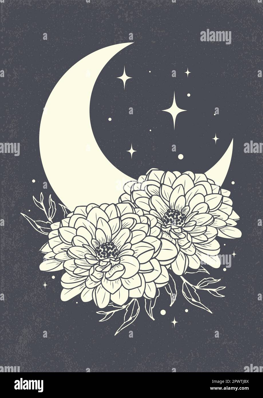 Crescent moon with peony flowers and stars illustration poster. Floral ...