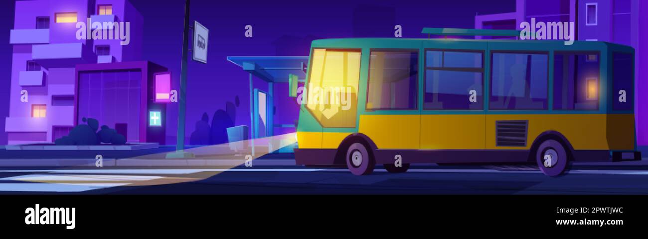 Night street view city bus stop on red traffic light vector ...