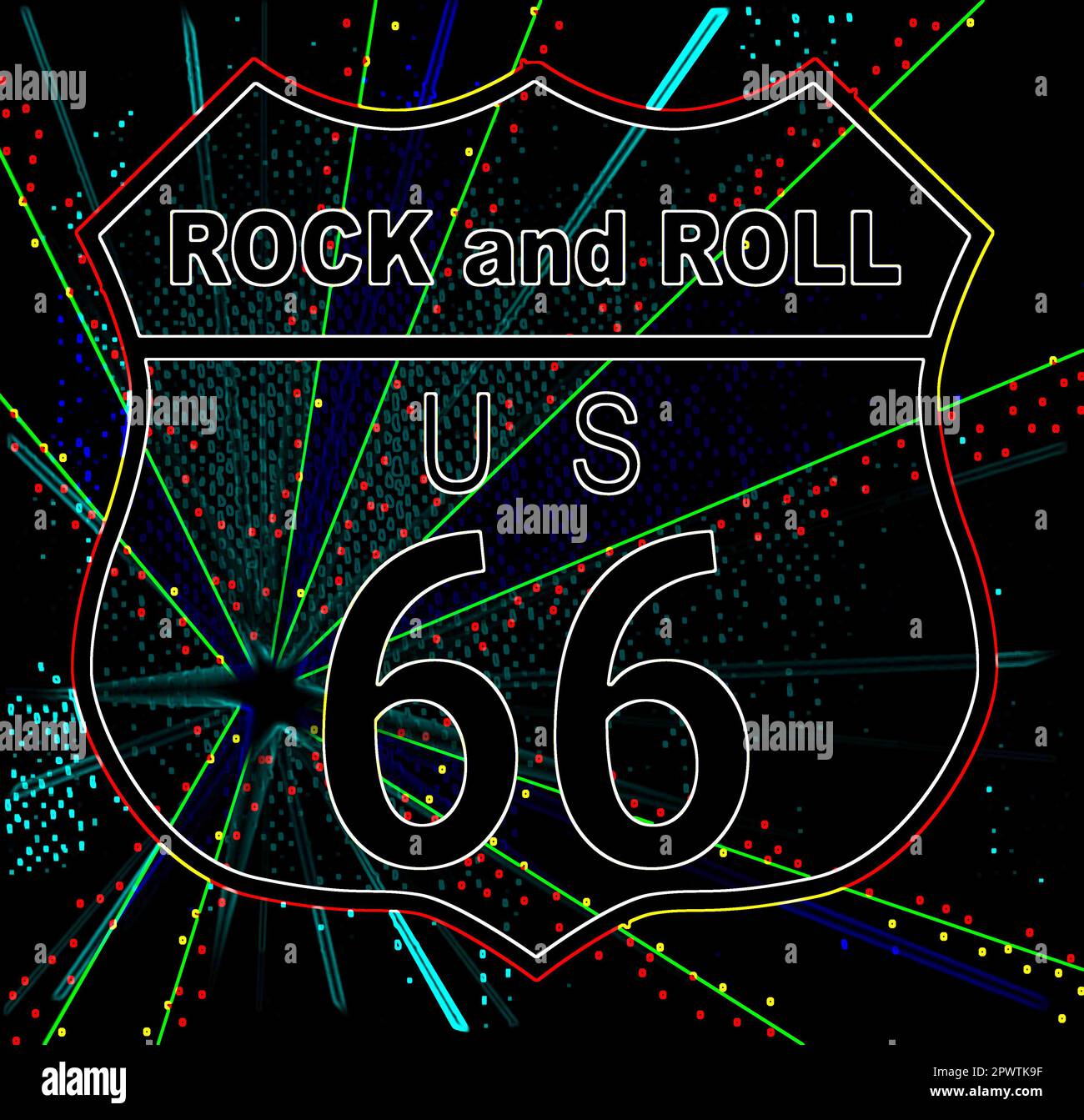 Route 66 glowing neon traffic sign over a splash background and the ...