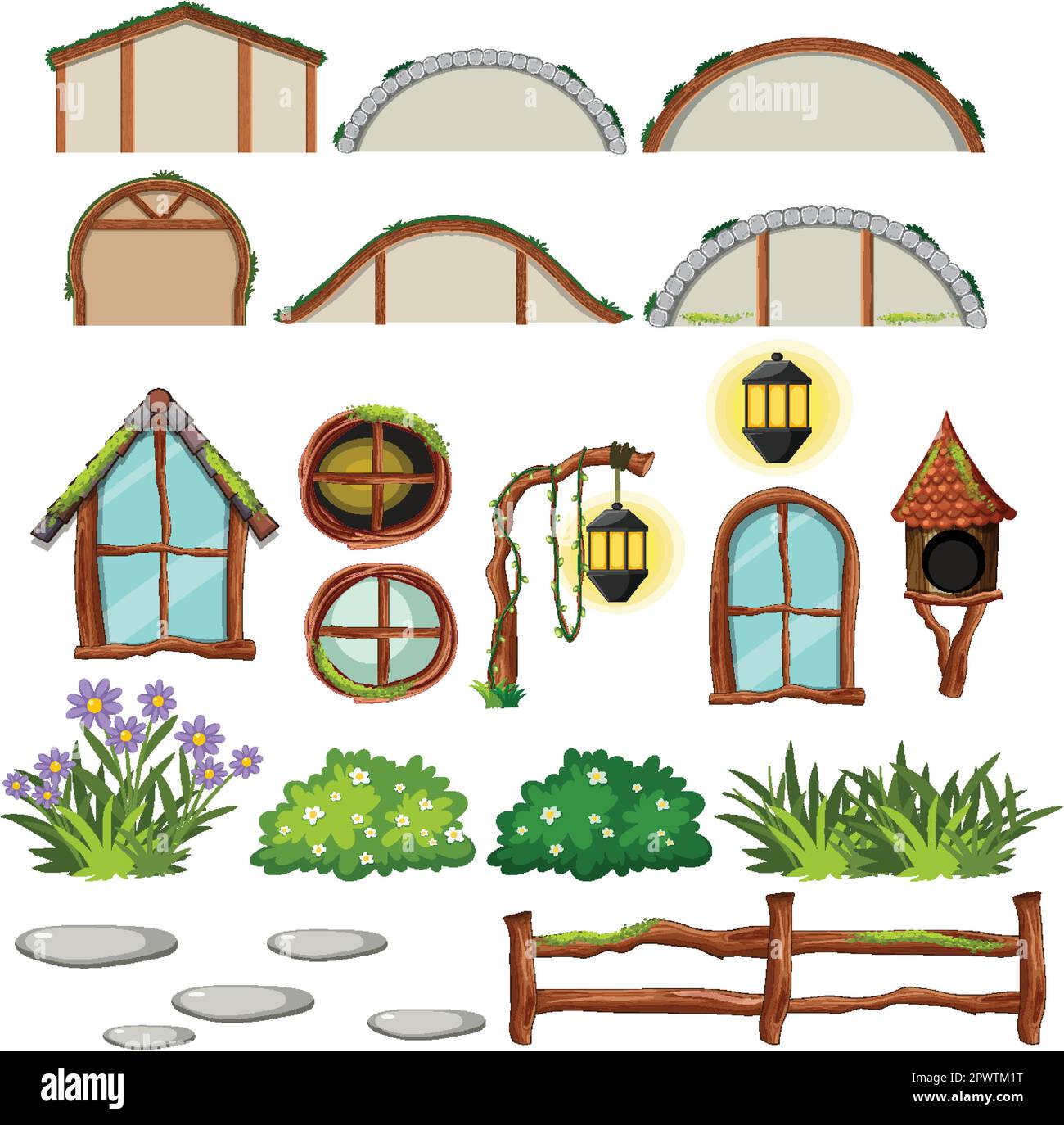 Set of hobbit house with seperate door and window illustration Stock ...