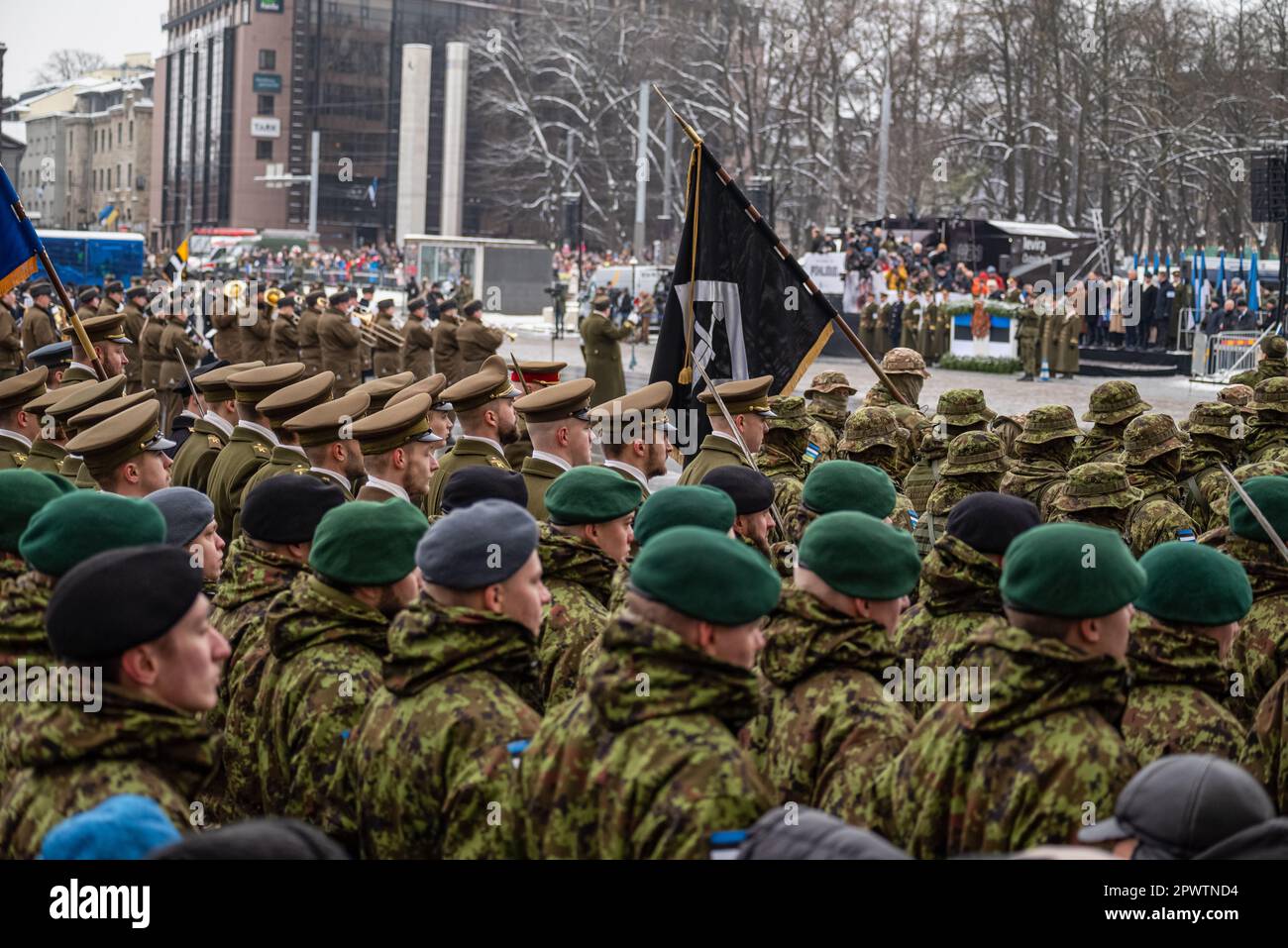 Soldiers from different divisions wearing uniforms lined up marching in ...