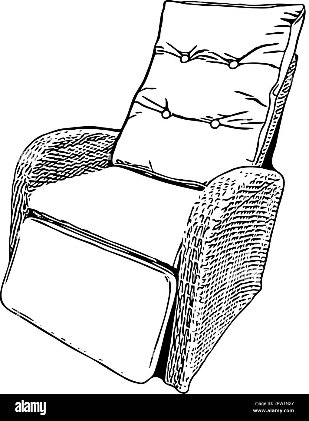 Lounge armchair made of rattan with thick padding. Vector icon of ...