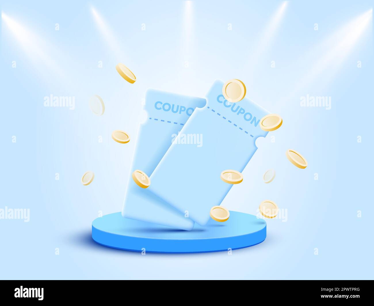 3d coupon with coins in blue podium background. 3d discount coupon with ...