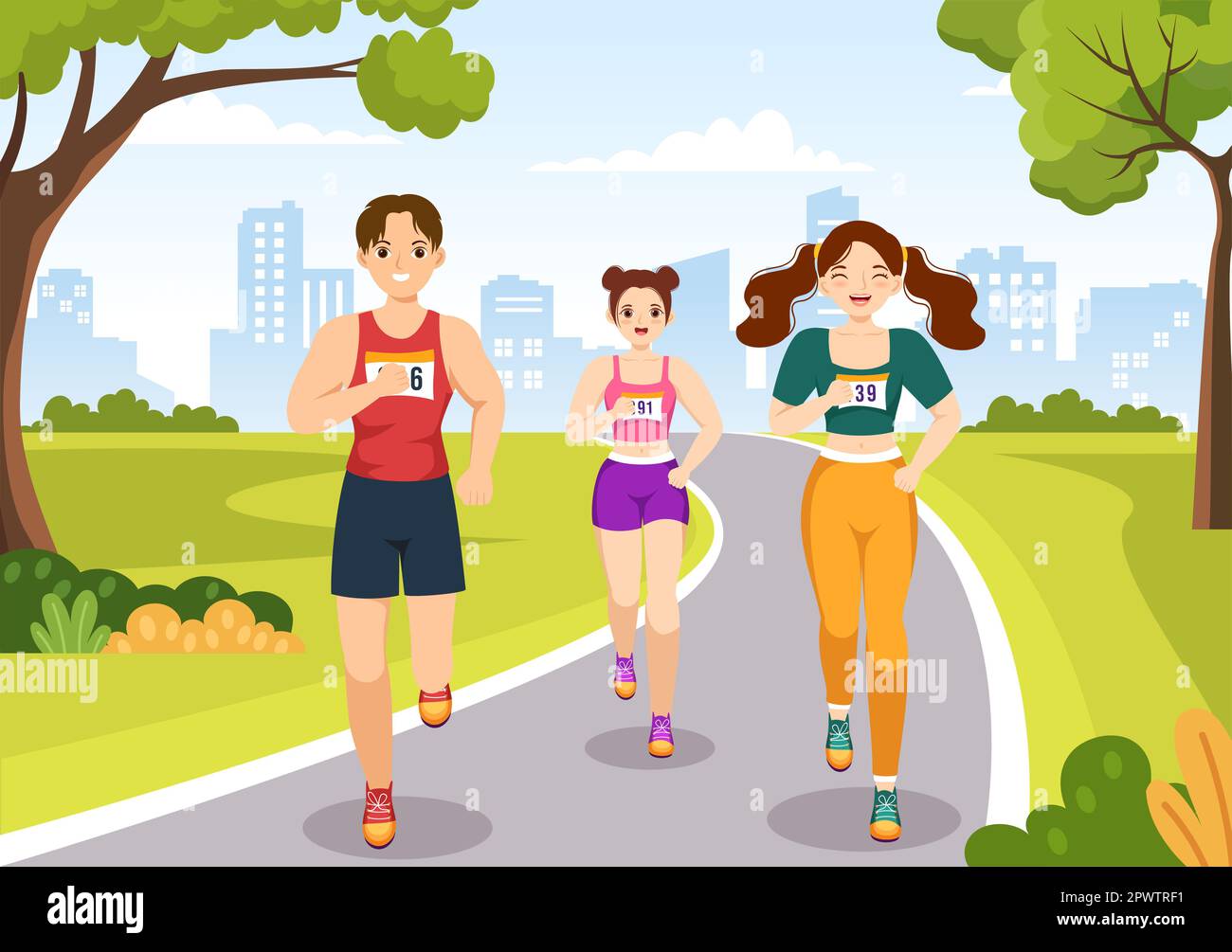 Marathon Race Illustration with People Running, Jogging Sport ...