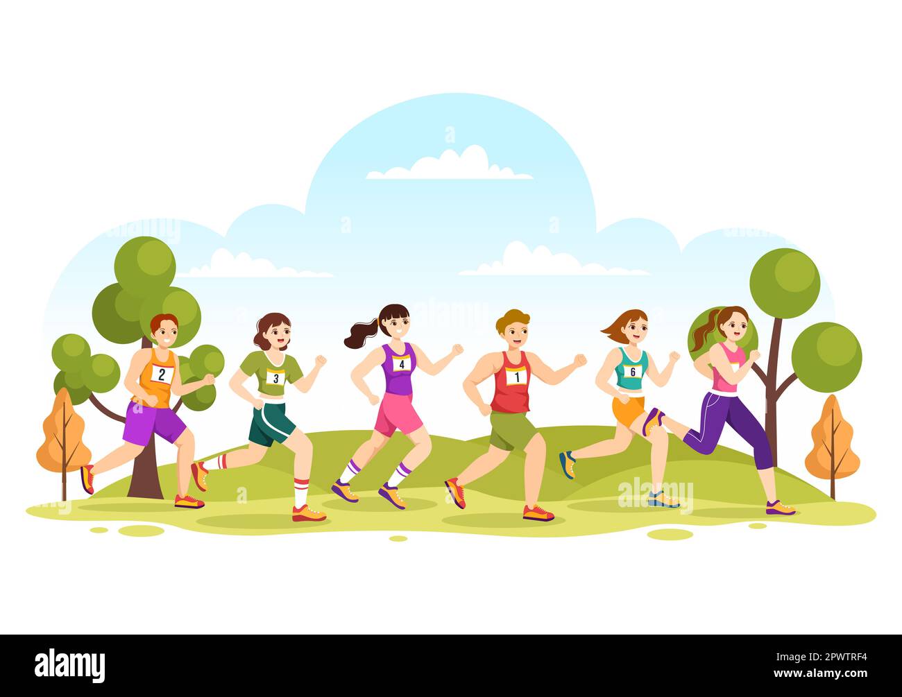 Marathon Race Illustration with People Running, Jogging Sport ...