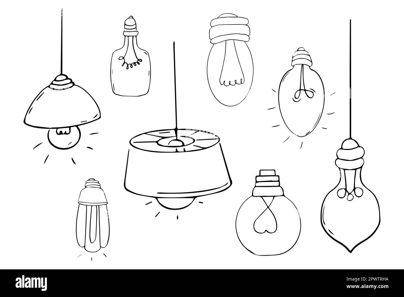 Set Bulb lamp doodle cartoon comic electricity isolated on white ...