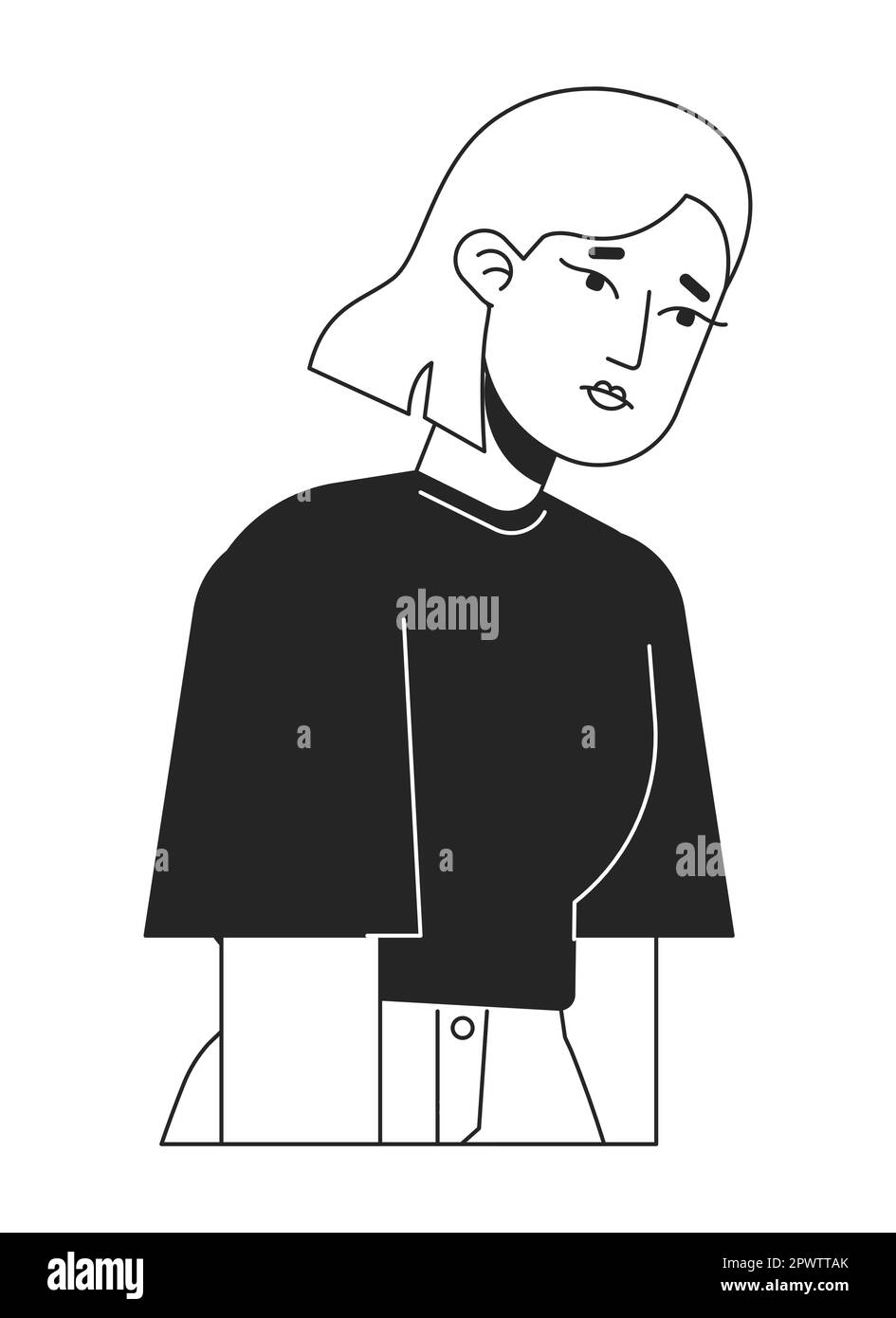 Demotivated depressed young woman flat line black white vector ...