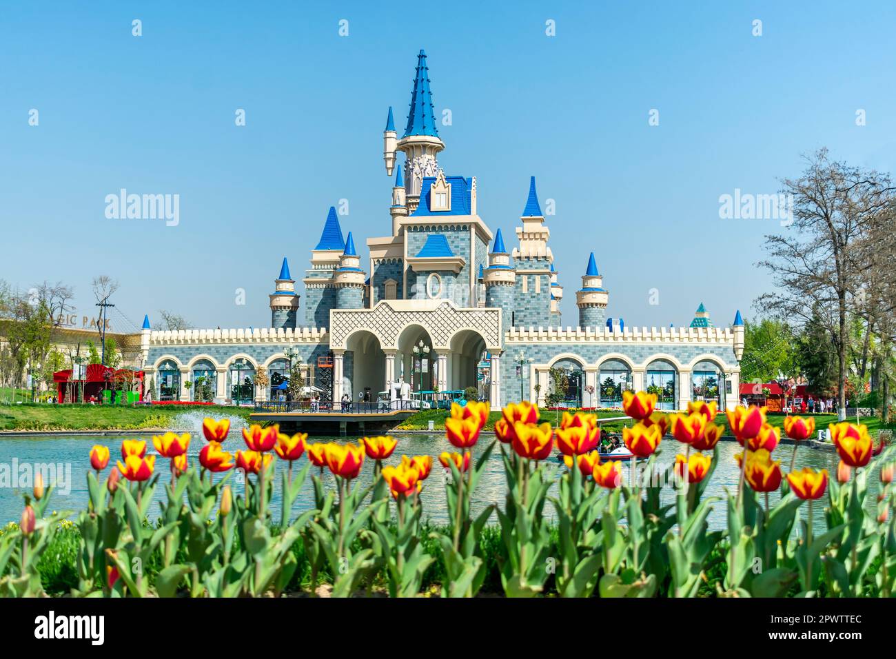 April 2023, Uzbekistan, Tashkent. Tower building, tulips, singing ...