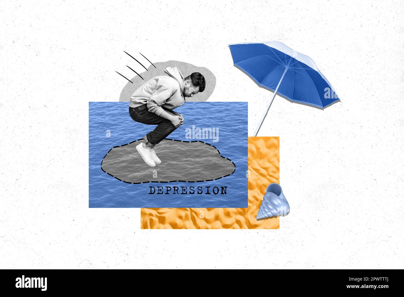 Creative idea collage summertime season of young guy jumping diver ...