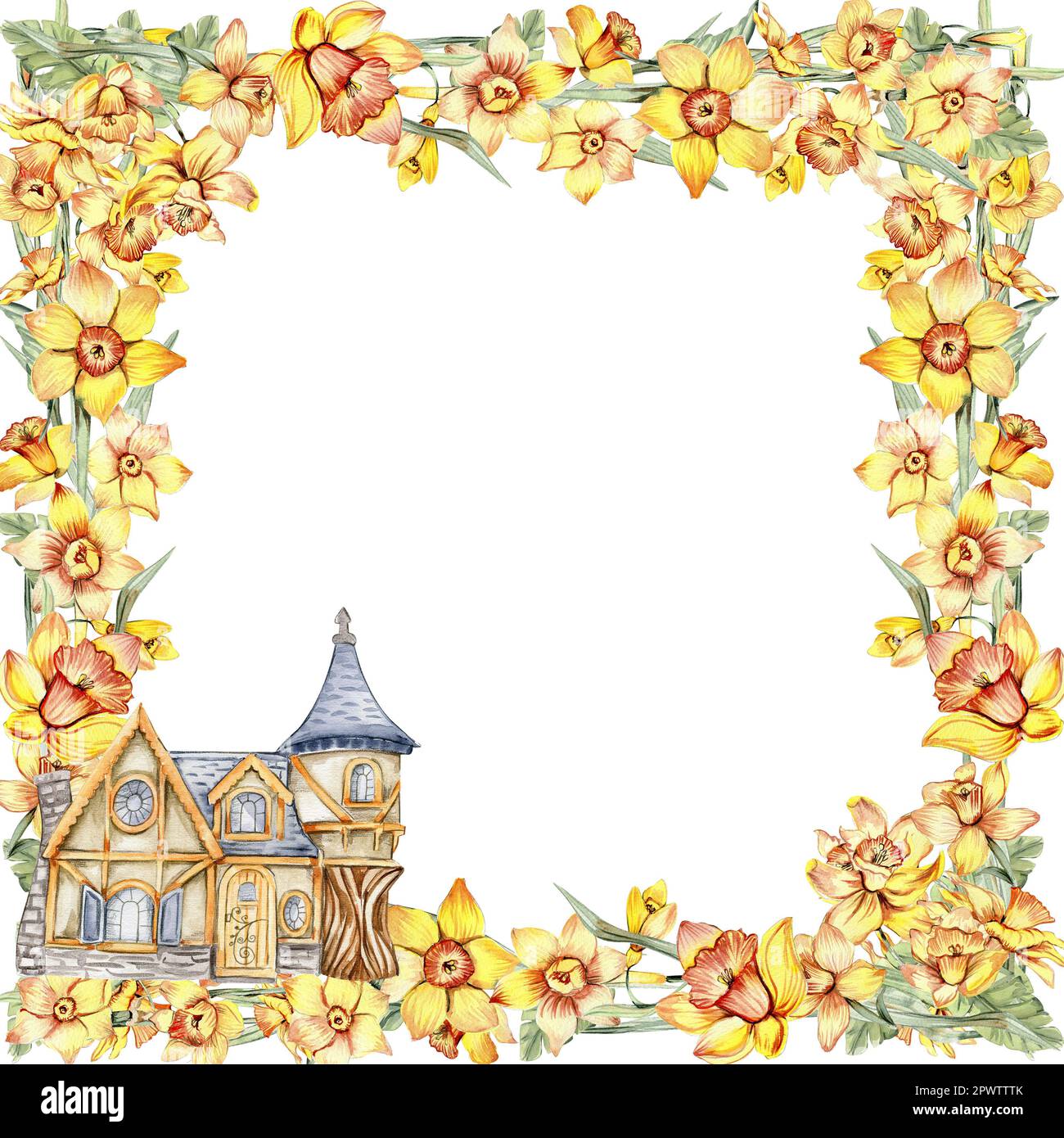 Watercolor hand drawn spring garden full of narcissus square frame ...