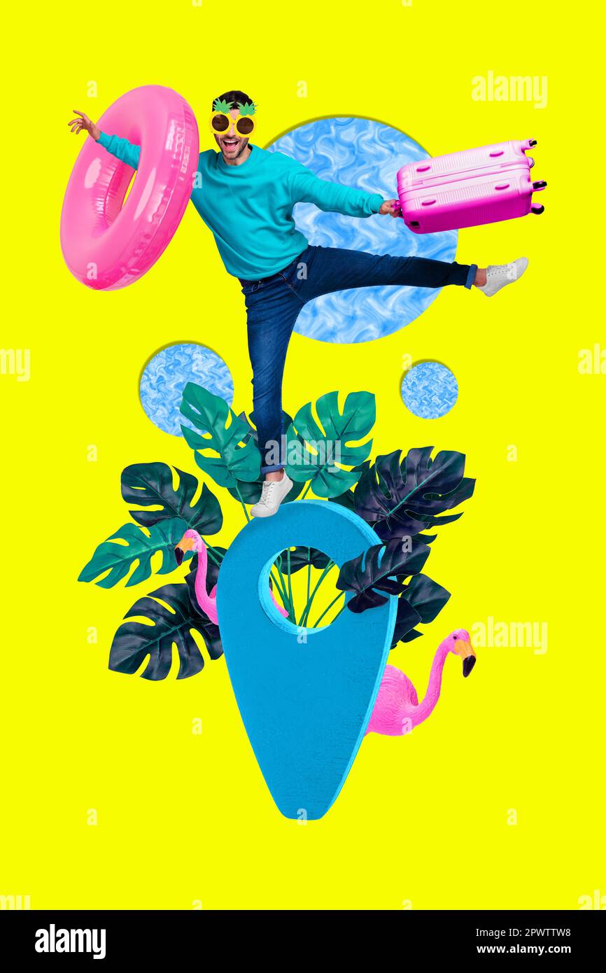 Photo collage artwork picture of excited funky guy exciting flying ...