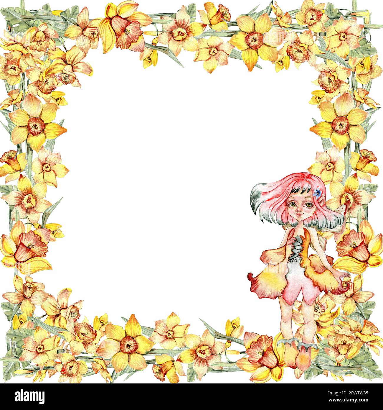 Watercolor hand drawn spring garden full of narcissus square frame ...