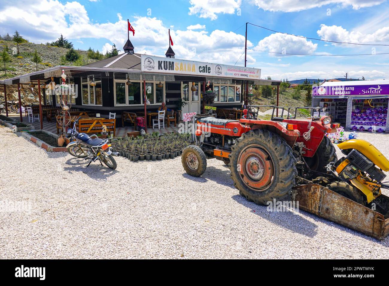 Tractor parked outside roadside cafe, Salda Lake, Lake Salda, Salda ...